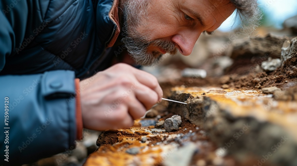 Geologist examining a cross-section of soil layers, illustrating the ...