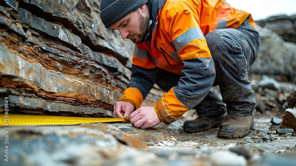 Geologist measuring the thickness of a sedimentary layer using a tape ...