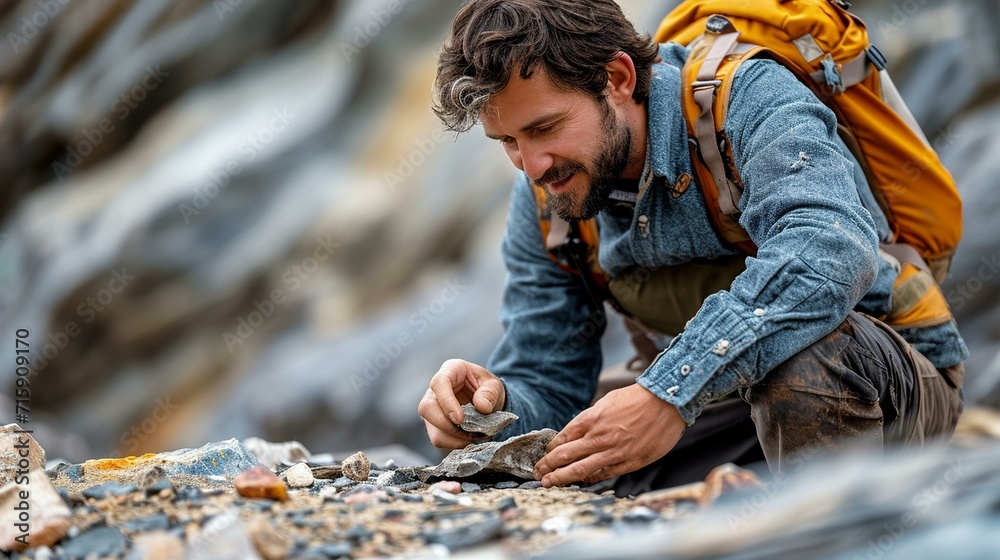 Geologist examining fossilized remains in sedimentary rock layers ...