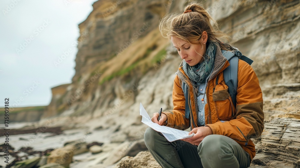 Geologist examining the impact of coastal erosion on cliff formations ...
