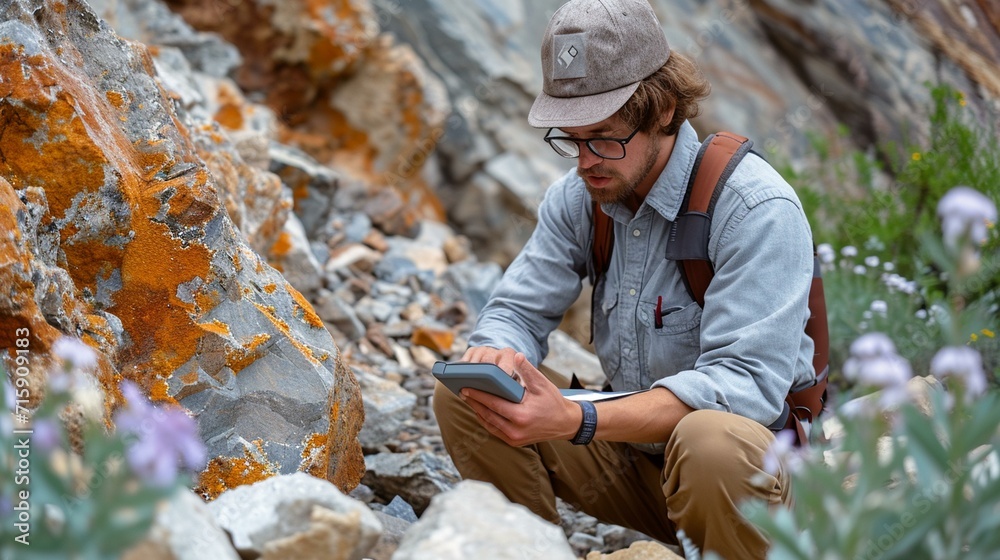 Geologist using a handheld XRF analyzer to determine elemental ...