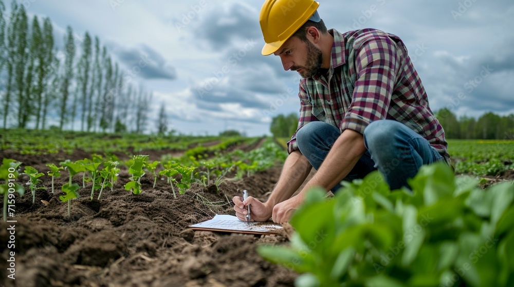 Geologist conducting soil analysis in an agricultural field ...