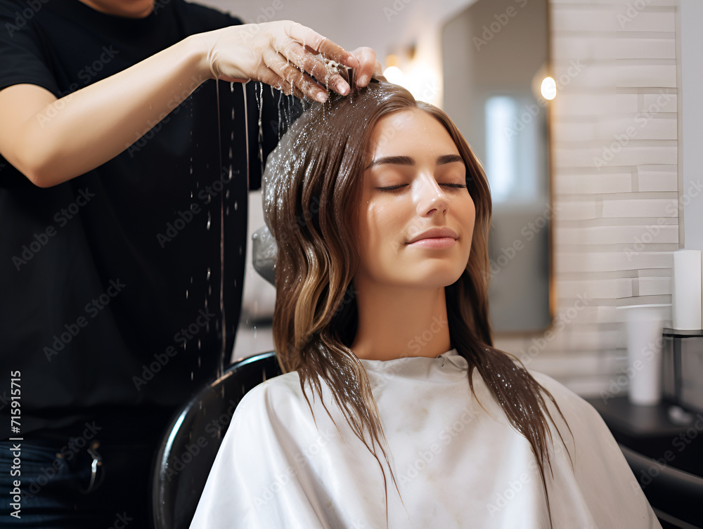 young beautiful woman client getting hair treatment in beauty salon ...
