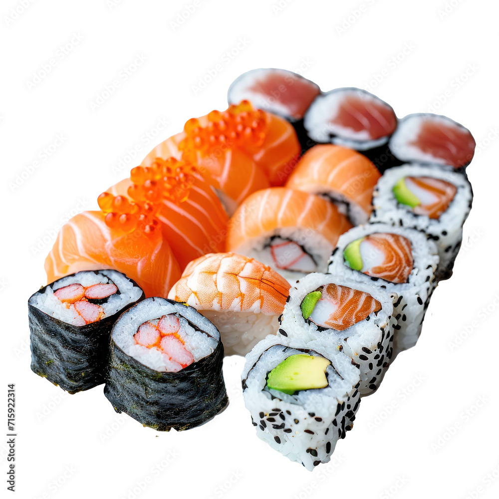 Aerial view on sushi set: nigiri with salmon and caviar, ebi nigiri ...