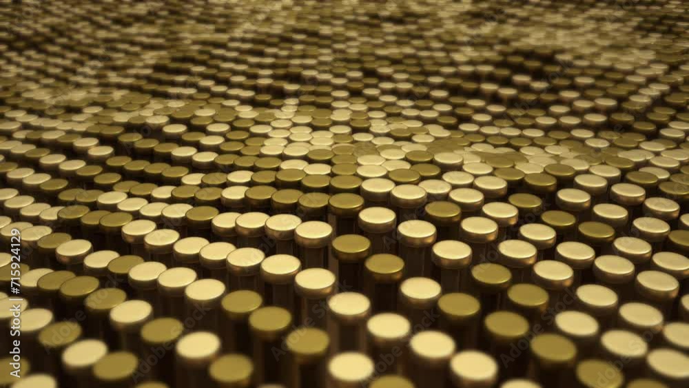 Golden cylinders moving waving flow. Wave surface. 3D cylinders ...