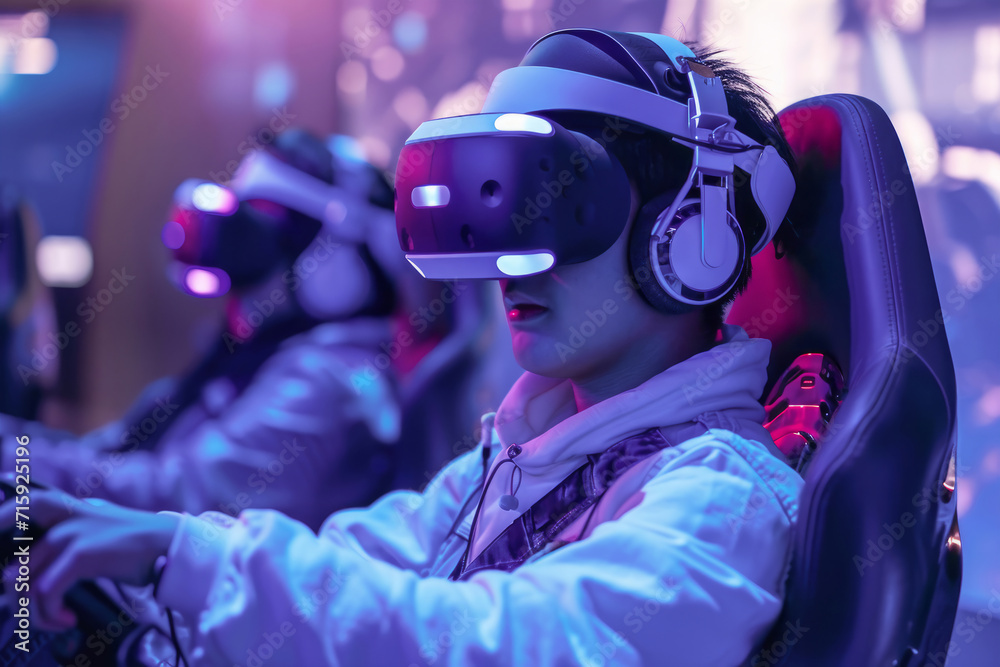Fictional young man playing a computer game while wearing a vr headset ...