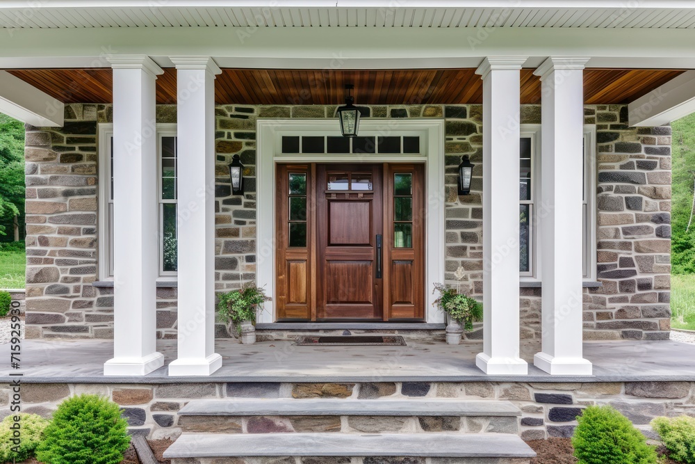 Wooden front door with gabled porch and landing. Exterior of georgian ...
