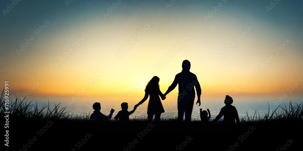 Silhouettes family and sunset lights at the edge of a cliffside meadow ...
