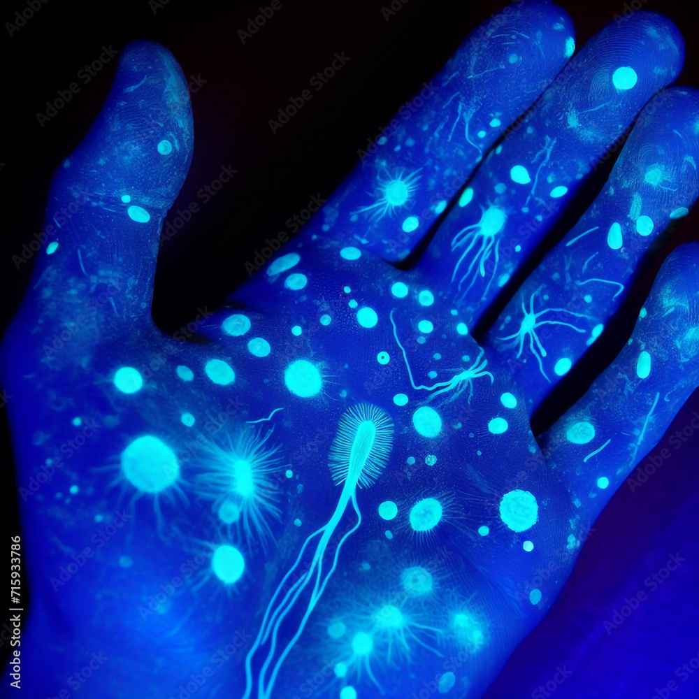 UV Ultraviolet light on a hand illustrating the effect of bacteria and ...