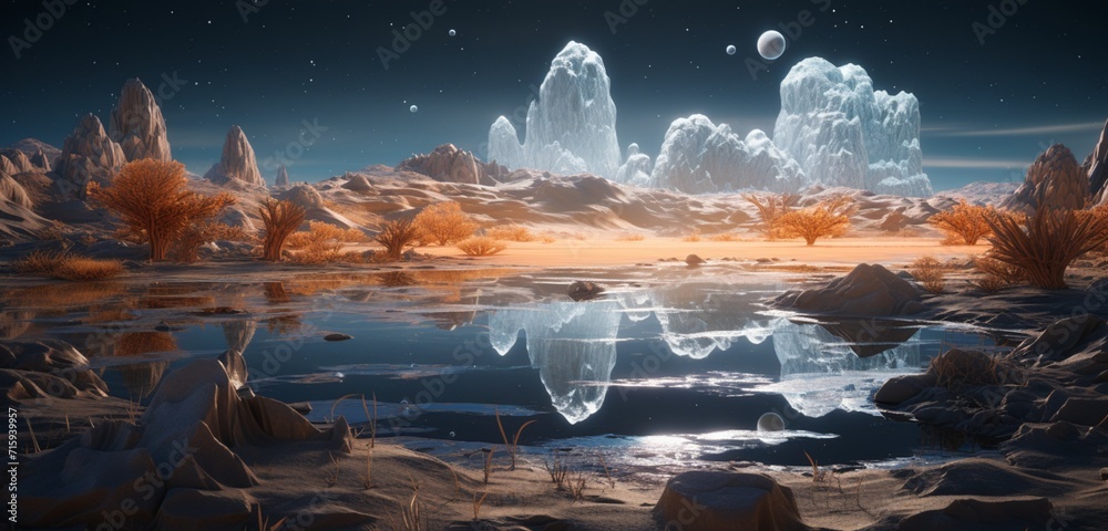 Surreal desert oasis with reflective crystals, each one ing in hyper ...