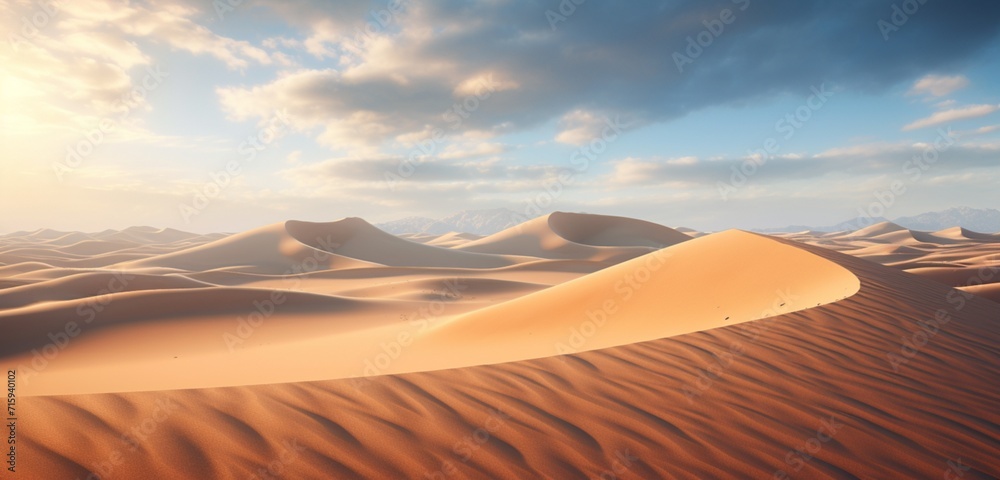 Surreal desert plain with hyper-realistic, luminescent sand, capturing ...