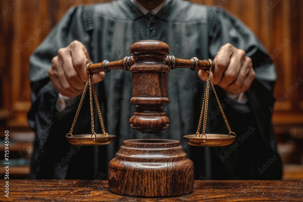 Judge holding a scale of justice in a courtroom Stock Photo | Adobe Stock