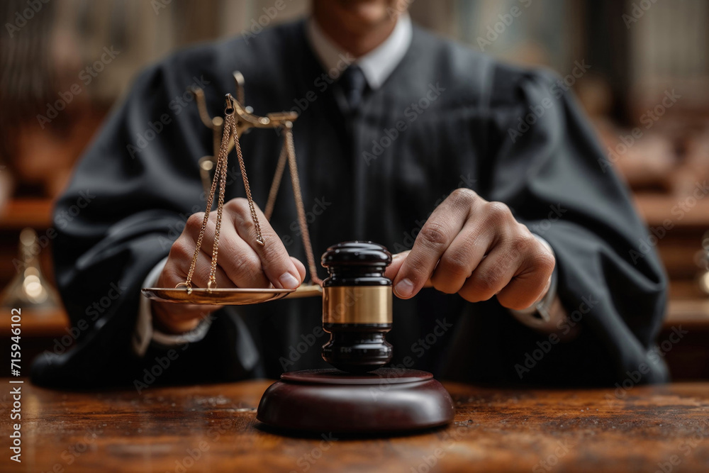 Judge holding a scale of justice and a gavel in a courtroom Stock Photo ...