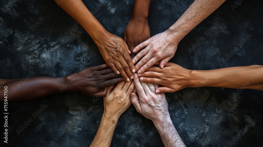 Group of multiethnic people putting their hands together on top of each ...