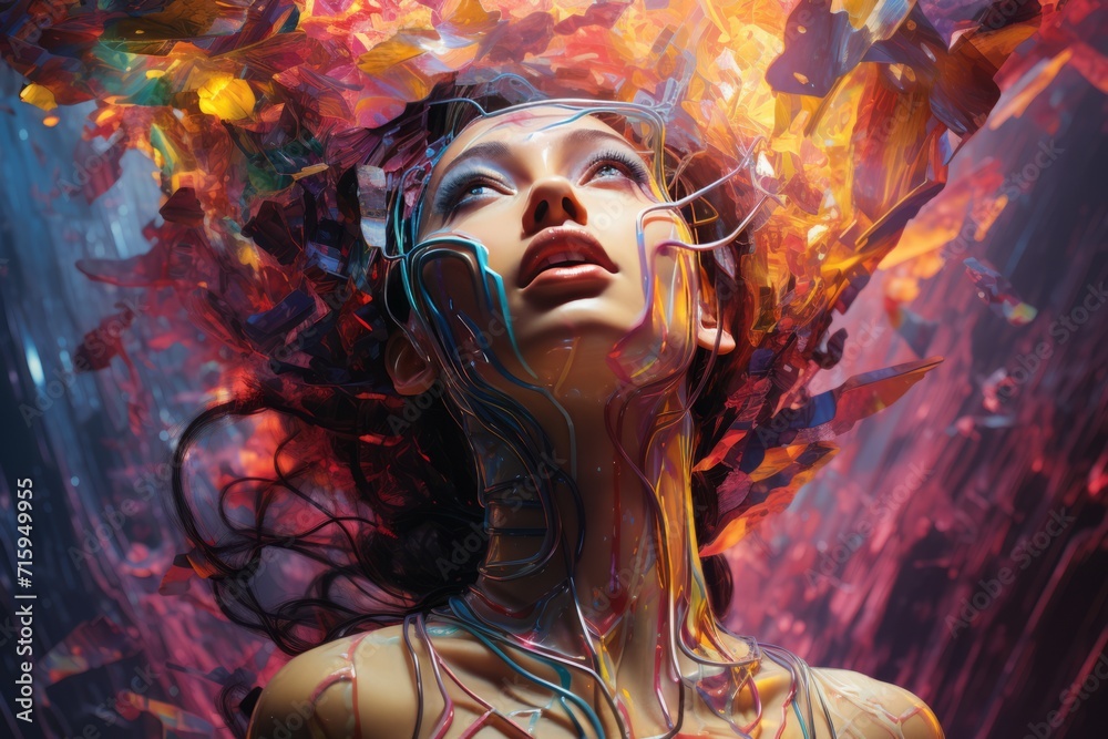 Abstract colorful close-up portrait of beautiful young woman looking up ...