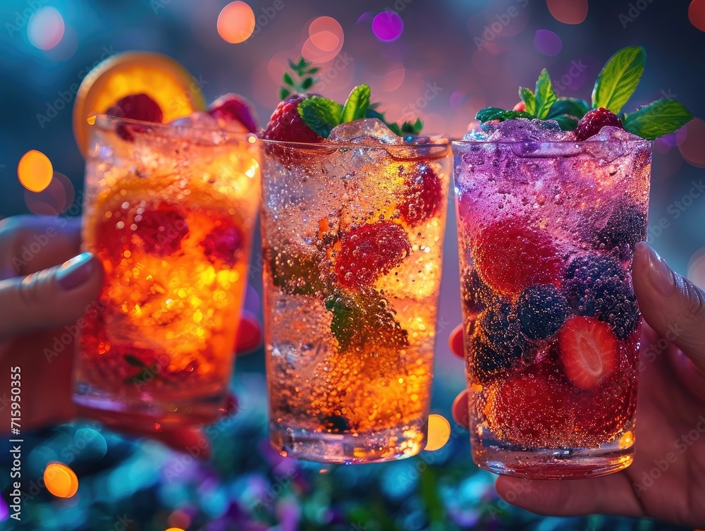 Refreshing cocktails with vibrant fruit garnishes, chilled by ice cubes ...