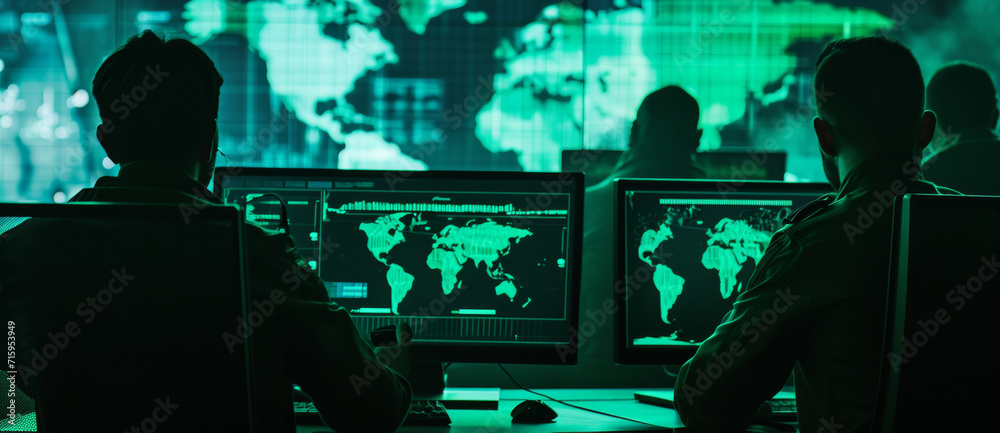 Silhouettes against screens, personnel are immersed in global ...