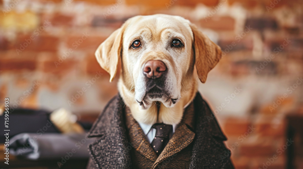 An expressive Labrador Retriever donning a dapper suit and tie ...