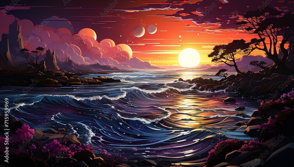 Dynamic Generative AI Seascape with Waves and Sunset, an Artistic ...