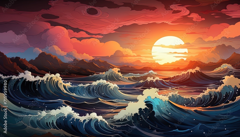 Dynamic Generative AI Seascape with Waves and Sunset, an Artistic ...