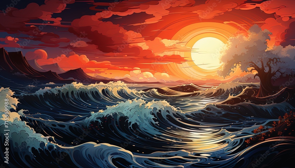 Dynamic Generative AI Seascape with Waves and Sunset, an Artistic ...