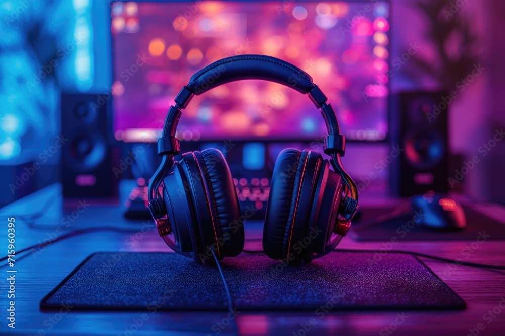 Headphones on a high-tech gamer's desk with a computer screen turned on ...