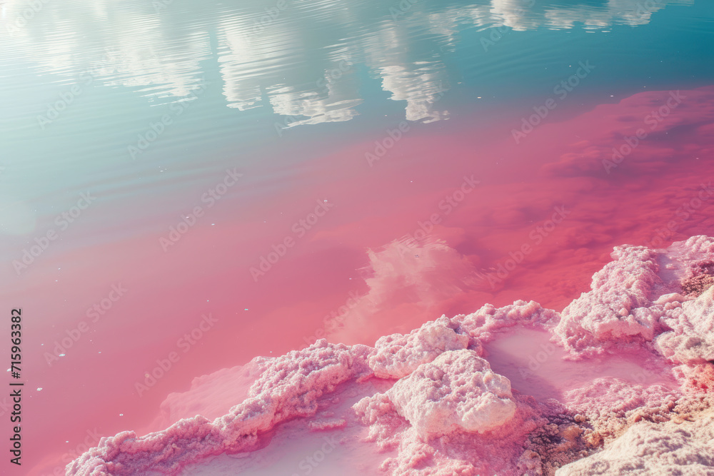 Brine and salt of a pink lake, colored by microalgae Dunaliella salina ...