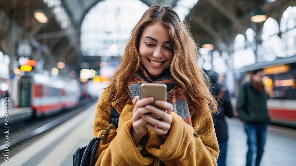 Smiling, happy young woman looking at her smartphone at a train station ...