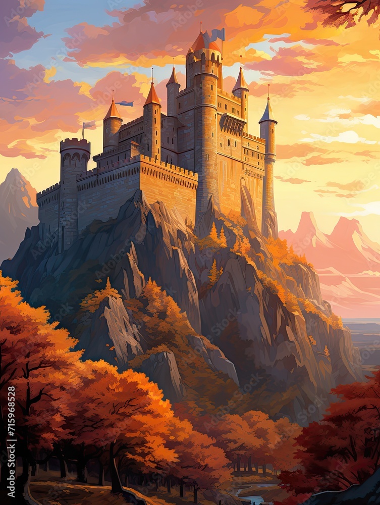 Grand Medieval Castles Golden Hour Art: Sunlit Castle & Twilight ...