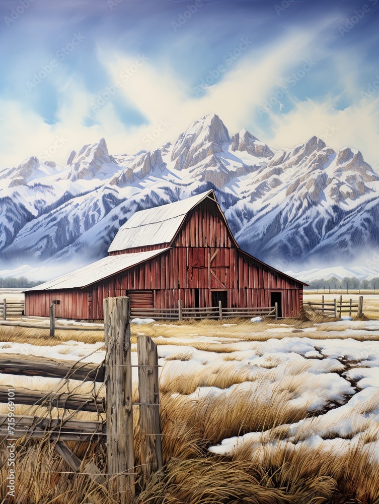 Historic American Barns Snow-capped Mountain Print: Winterscape Barns ...