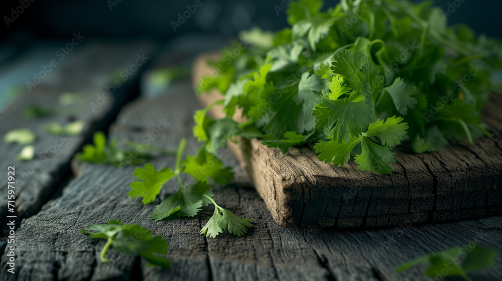 Fresh cilantro leaves on a rough wooden board ready for slicing Stock ...