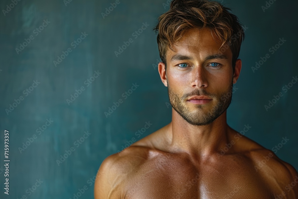 A rugged and strong man with a bare chest stands against a wall, his ...