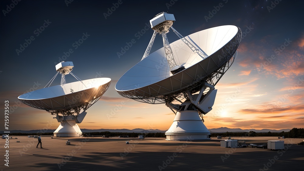 Powerful radio telescope array with giant satellite dishes capturing ... Powerful radio telescope array with giant satellite dishes capturing ...
