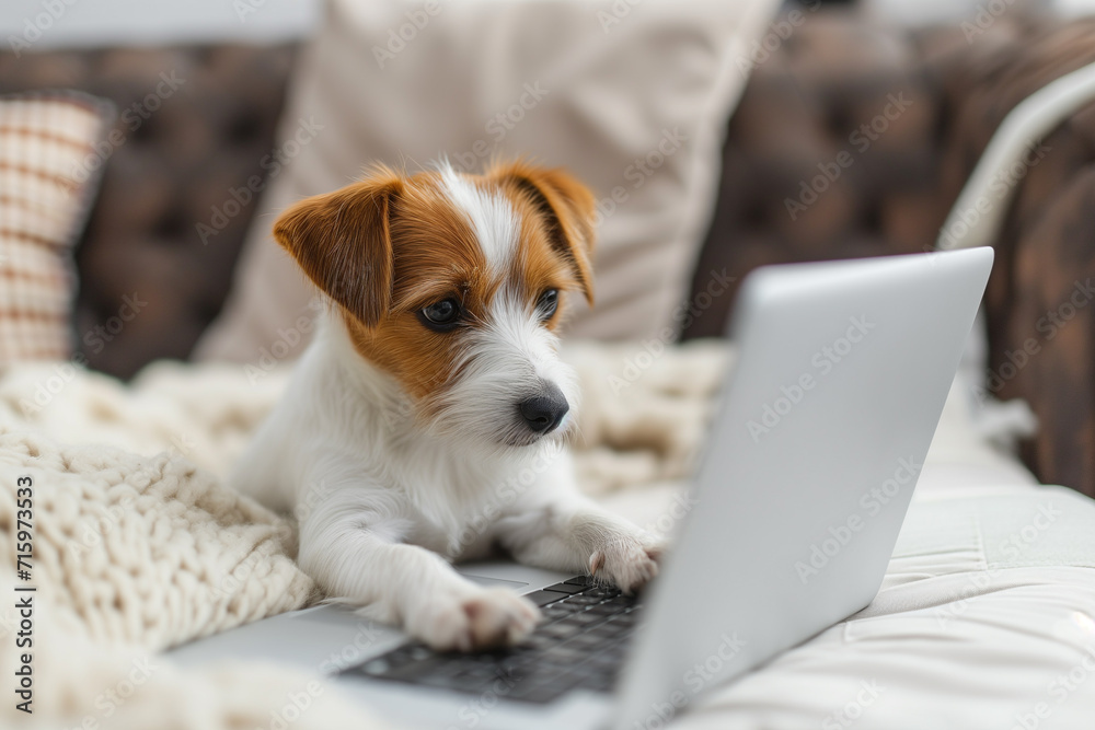 Portrait of a r dog in front of a laptop dog using the keyboard on ...