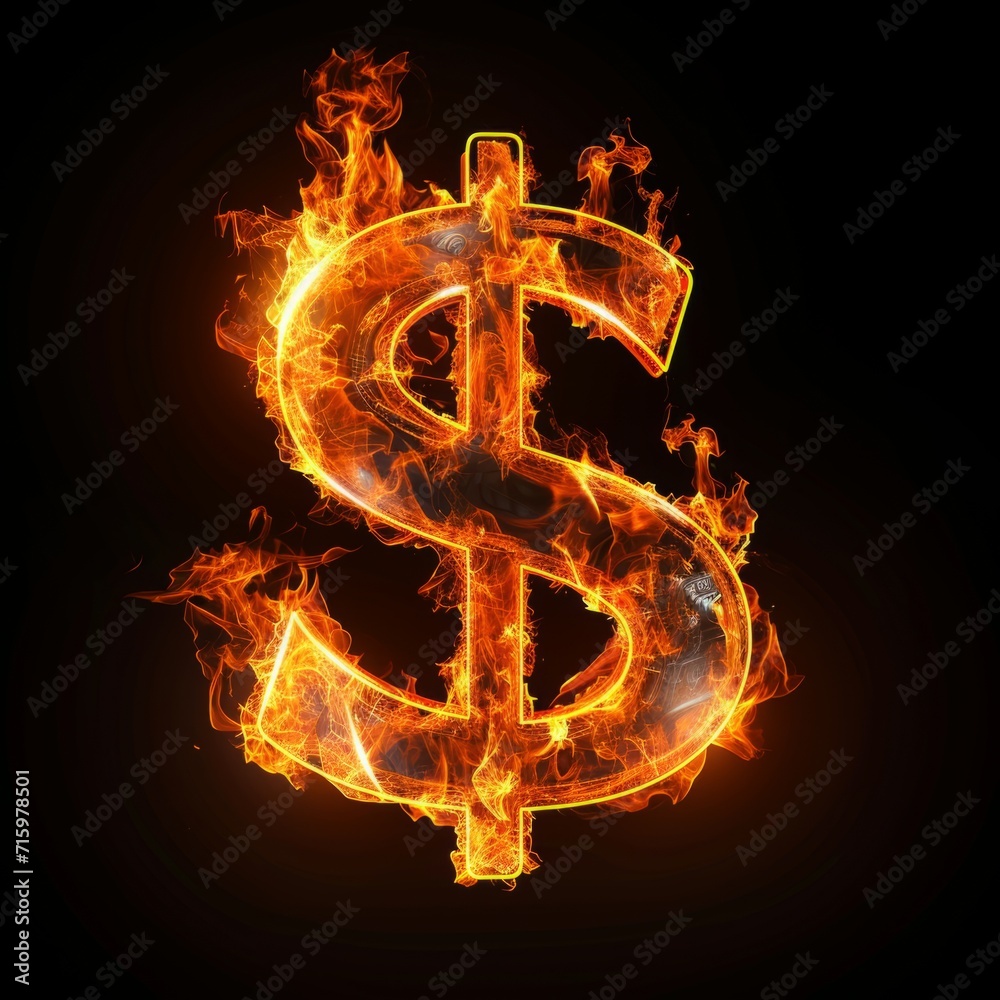 Inferno Dollar Sign isolated on Black Background. Photorealistic Buck ...