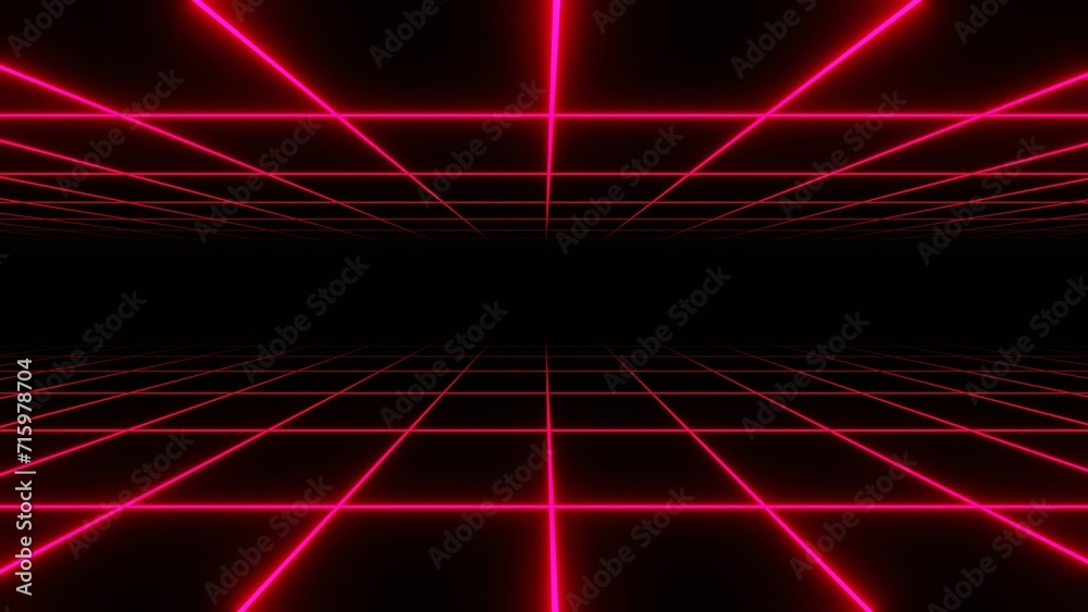 3d retro neon red abstract background with laser lines. Synthwave grid ...