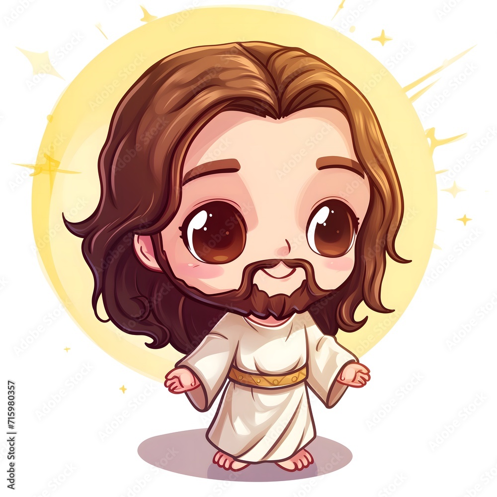 Cartoon drawing of an anime chibi Jesus standing up while smiling on a ...