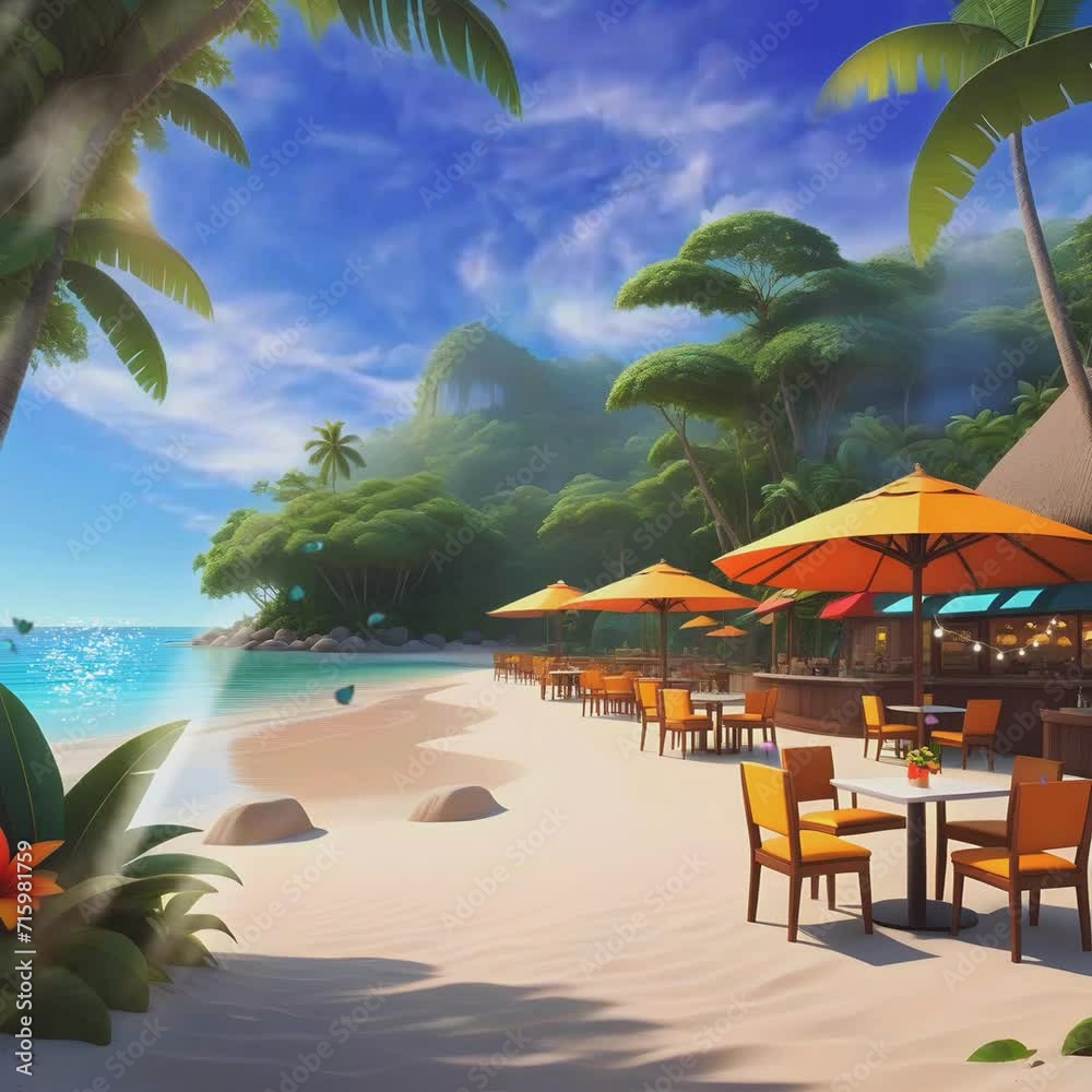 illustration of a cafe by the beach with a view of a tropical forest ...