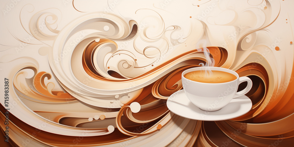 Coffee 3D abstraction in light colors, a white cup of coffee against a ...