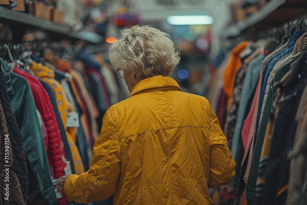 An older lady browses secondhand store racks, savoring the essence of ...