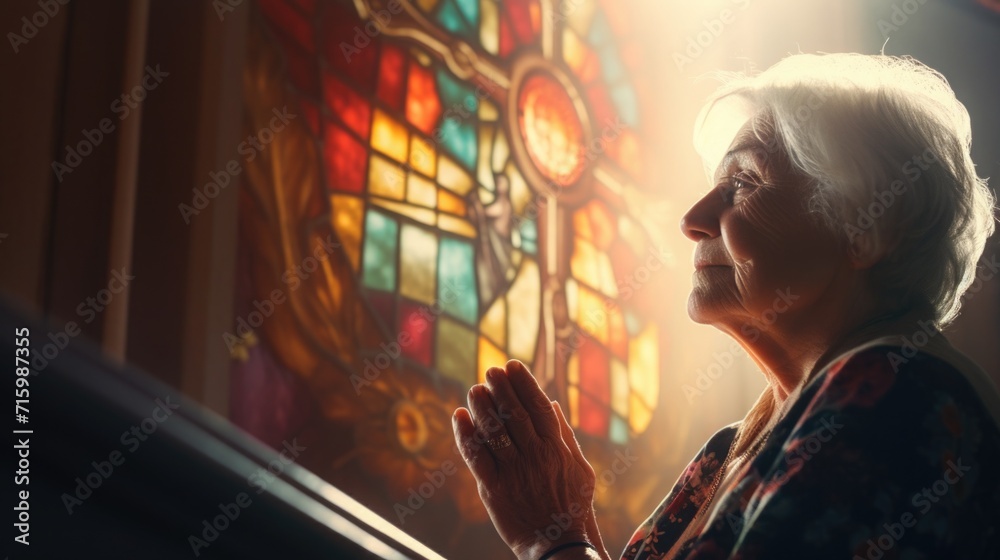 elderly person in church. a woman prays near a stained glass window ...