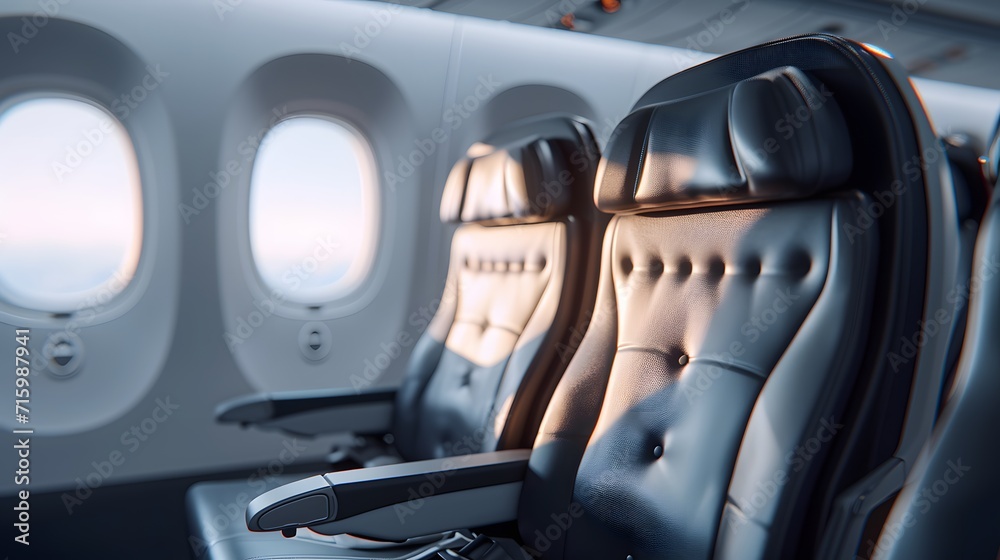 airplane in the window, a row of seats in an airplane with the windows ...