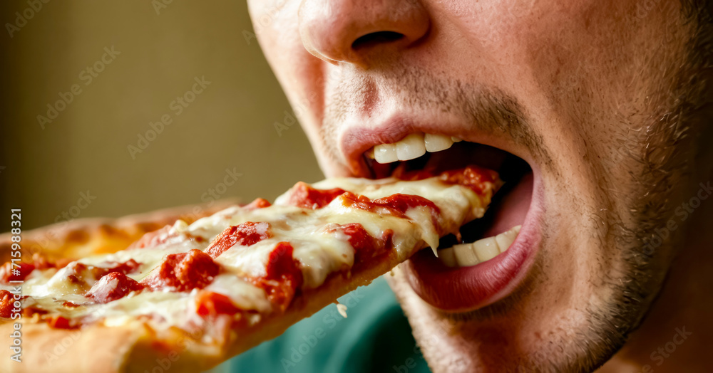 Man eating slice of pizza with his mouth open and his tongue out. Stock ...