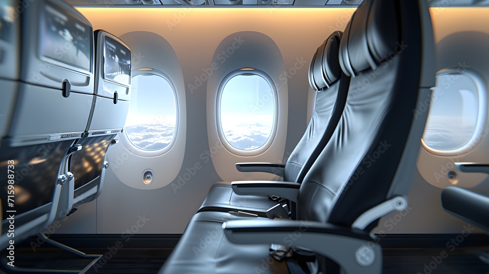 interior of the airplane, a row of seats in an airplane with the ...
