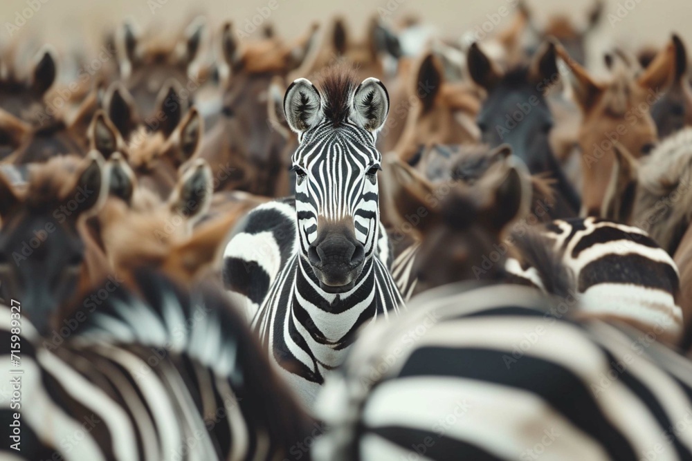 Standing out from the crowd concept with Zebra in heard of horses Stock ...