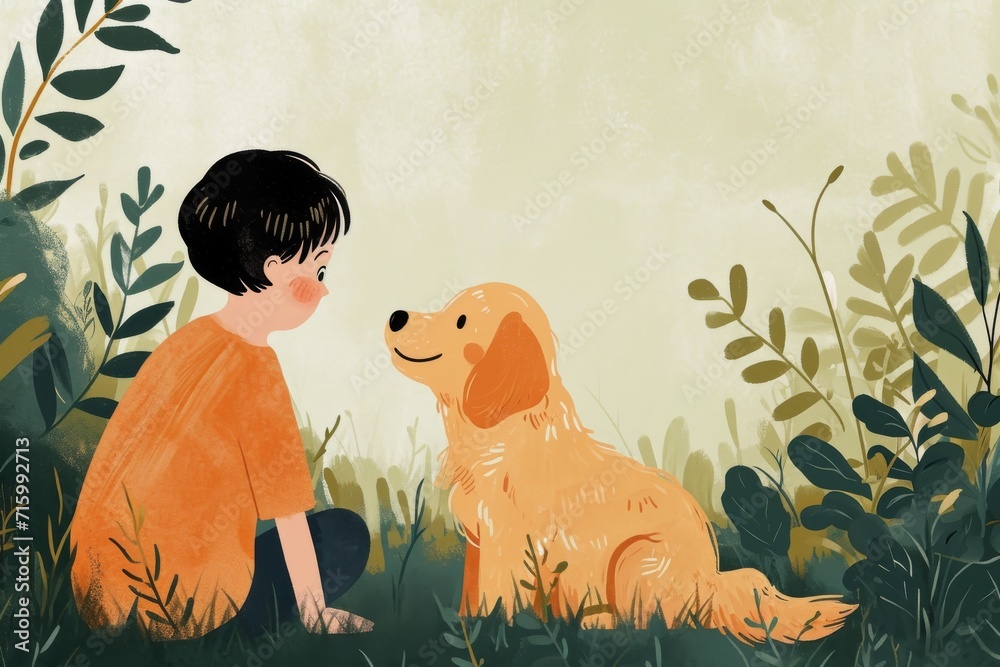 A young artist carefully paints a charming illustration of a boy and ...