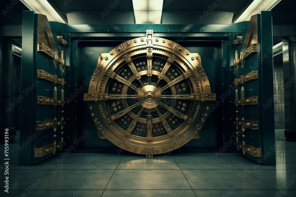 An imposing metal vault door stands tall in the indoor museum, its many ...