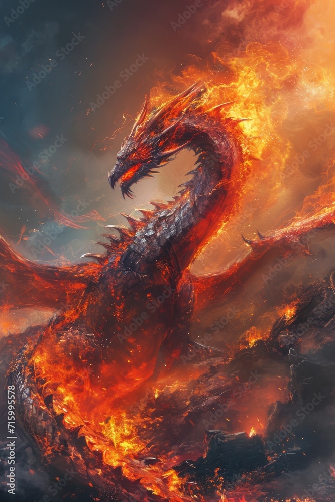 The fiery dragon soars through the sky, its sharp wings creating a ...