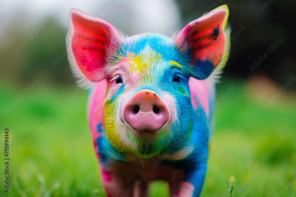 a rainbow colored pig with green background. colorful pig with rainbow ...