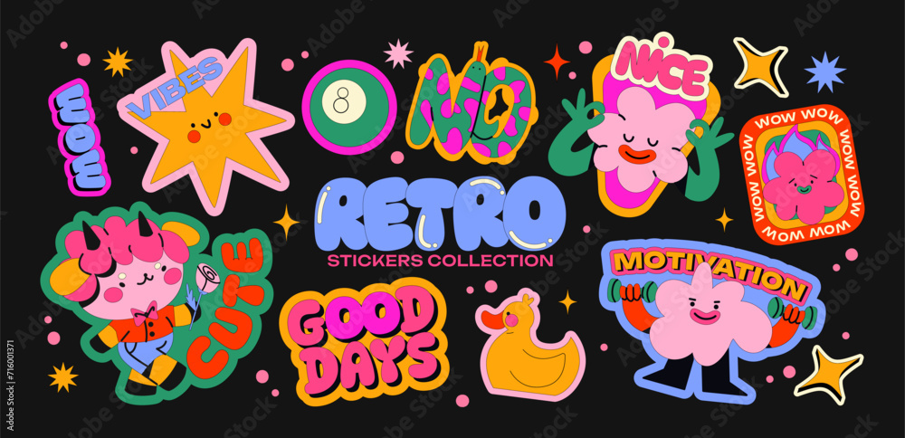 Cartoon retro stickers comic characters. Bright trendy patches, labels ...